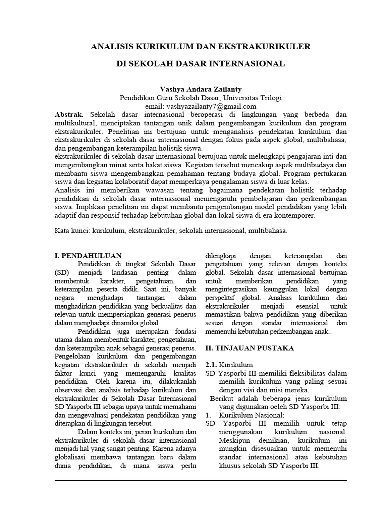 Artikel Analisis Kurikulum Dan Ekstrakurikuler Di Sekolah Dasar Internasional 2024 | PDF ...