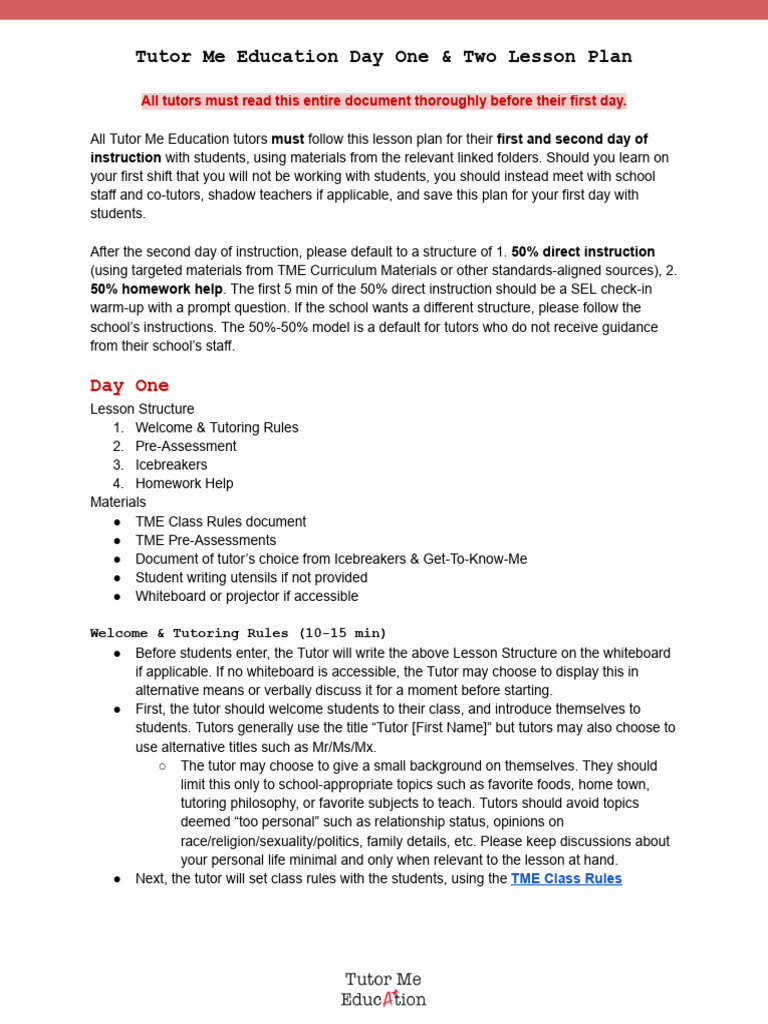 TME Day One & Two Lesson Plan | PDF | Learning | Behavior Modification