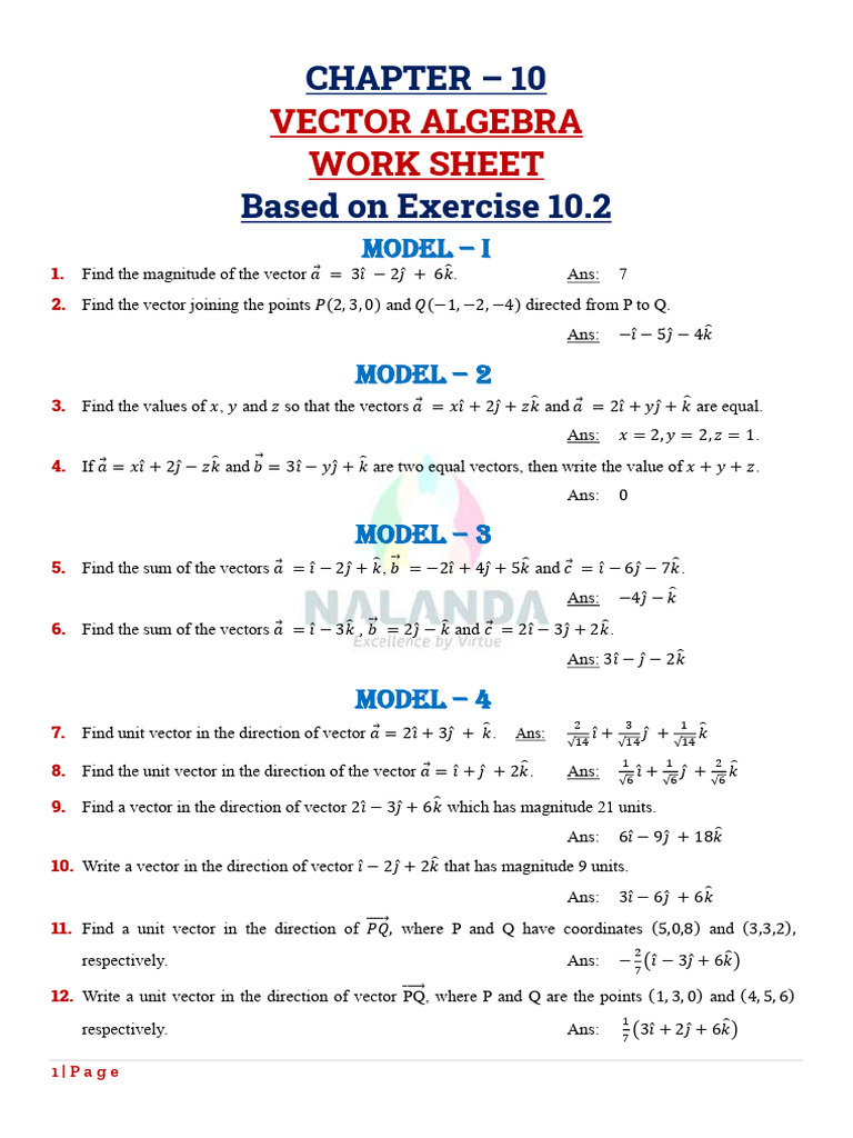 Vector Algebra Worksheet Exercises | PDF | Area | Euclidean Vector