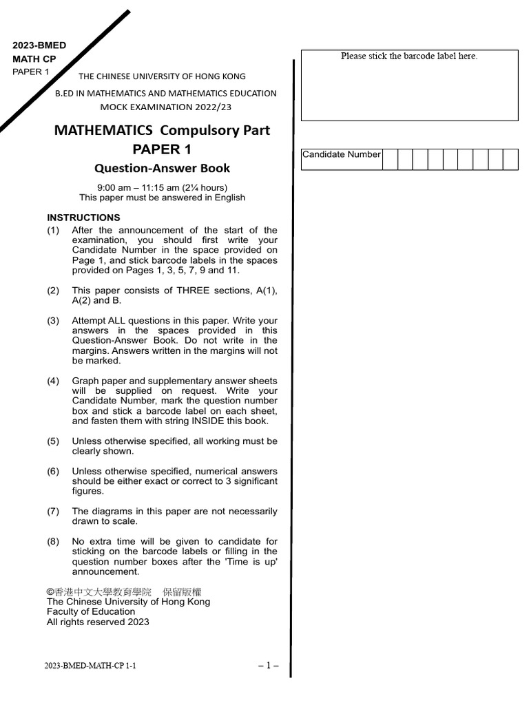 BMED Mathematics Mock Exam Paper 1 | PDF | Mathematics