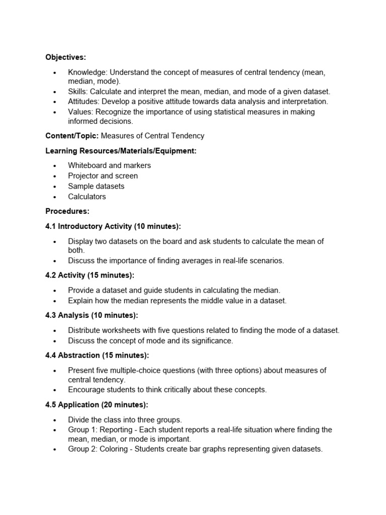 Understand the concept of measures of central tendency (mean, median ...