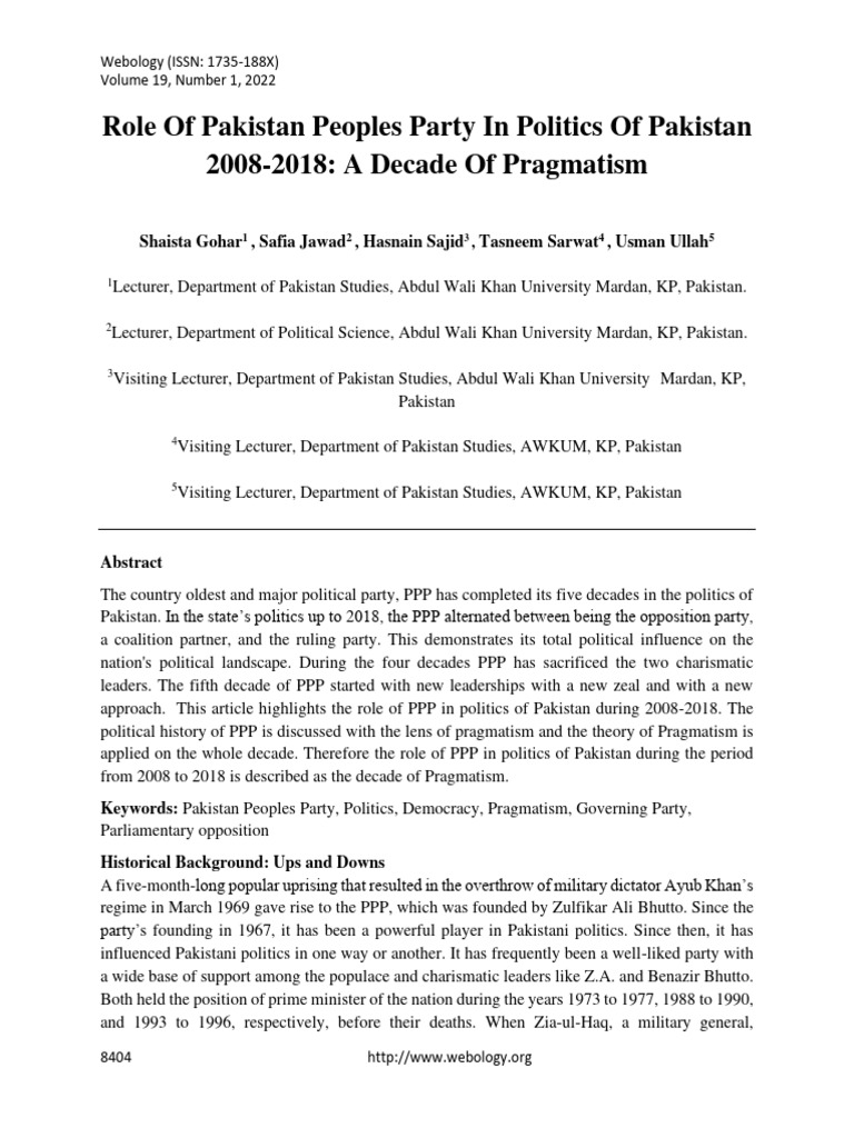 Role of Pakistan Peoples Party in Politics of Pakistan 2008-2018 A ...