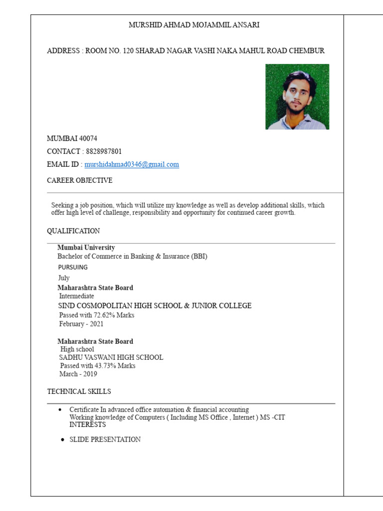 Murshid Ahmad Ansari CV | PDF