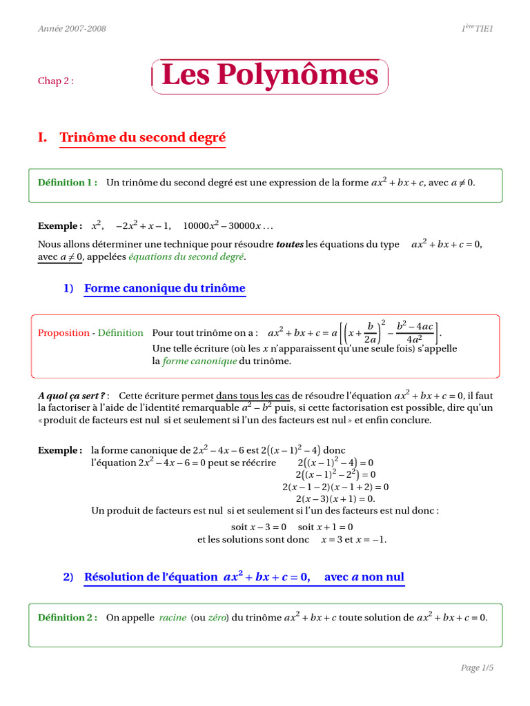 Forme canonique du trinôme du second degré | PDF | Zéro d'une fonction ...