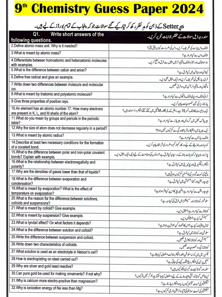 9th Class Chemistry Guess Paper | PDF