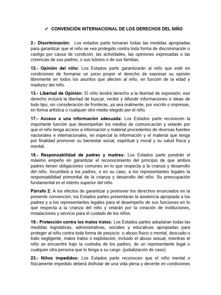 Convención Internacional De Los Derechos Del Niño Pdf Derechos De