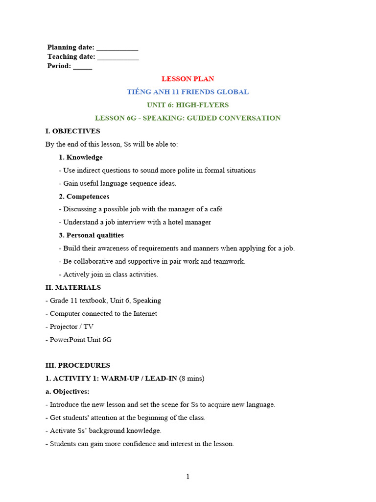 Lesson Plan Unit 6G - FRIENDS GLOBAL - GRADE 11 | Download Free PDF ...