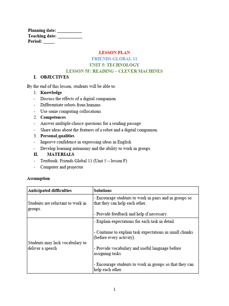 Lesson Plan Unit 5F - FRIENDS GLOBAL - GRADE 11 | PDF | Robot | Robotics