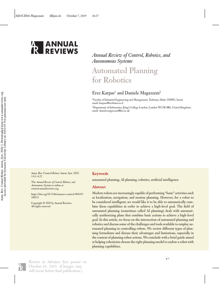 Automated Planning For Robotics | PDF | Robotics | Automation