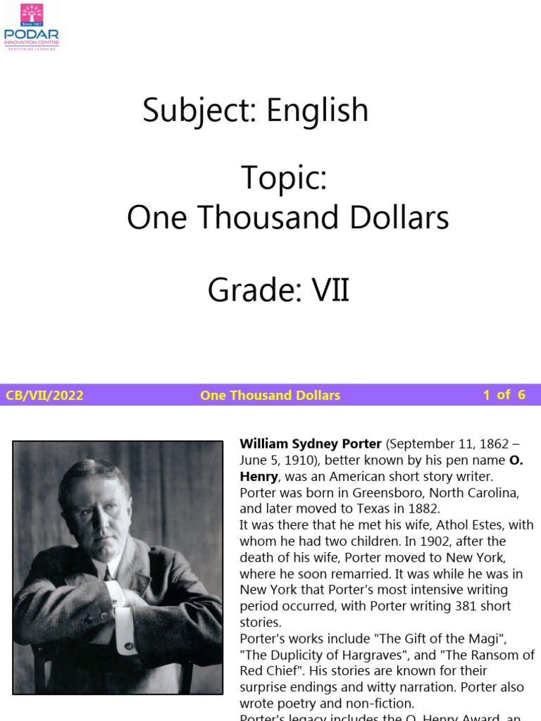 One Thousand Dollars: Themes & Summary | PDF | O. Henry | Economies