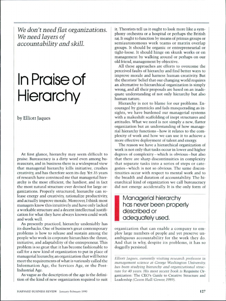 Jaques, "In Praise of Hierarchy" | PDF | Hierarchy | Leadership