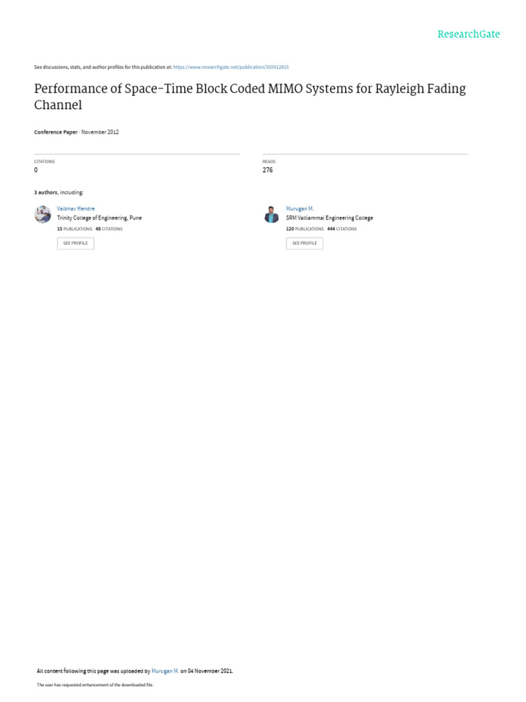 Performance of Space-Time Block Coded MIMO Systems For Rayleigh Fading Channel | PDF | Mimo ...