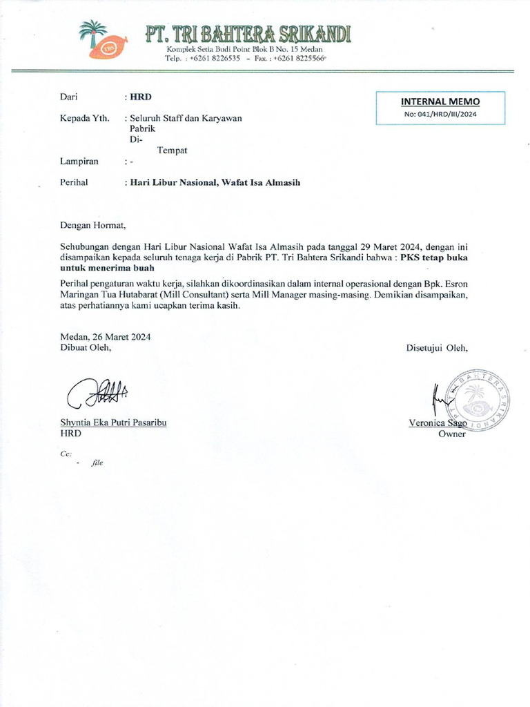 Internal Memo (PT. TBS) - Libur Nasional Wafat Isa Almasih - 2024 | PDF