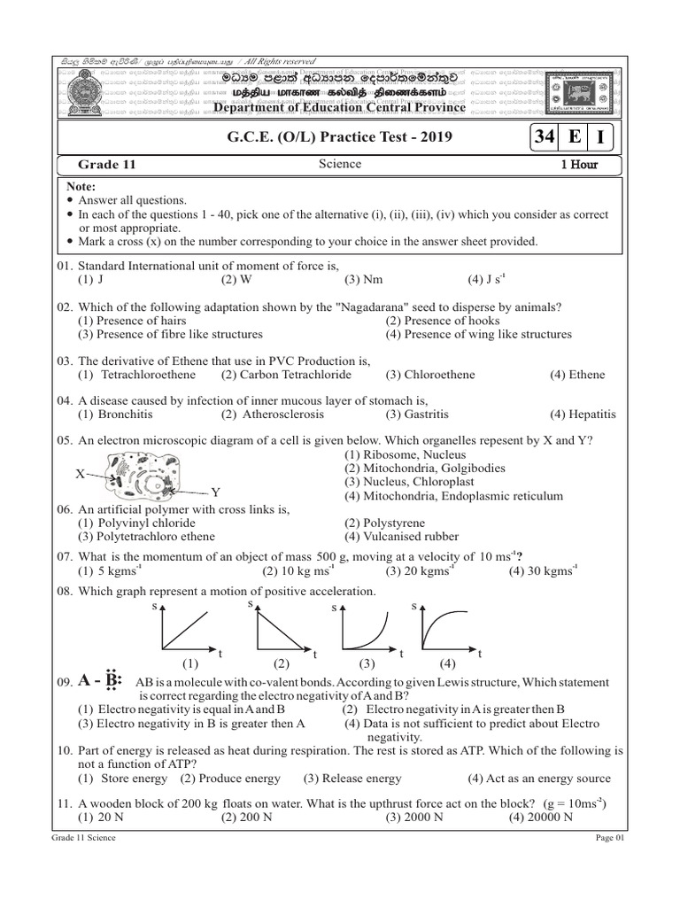 G.C.E. (O/L) Practice Test - 2019: Science | PDF