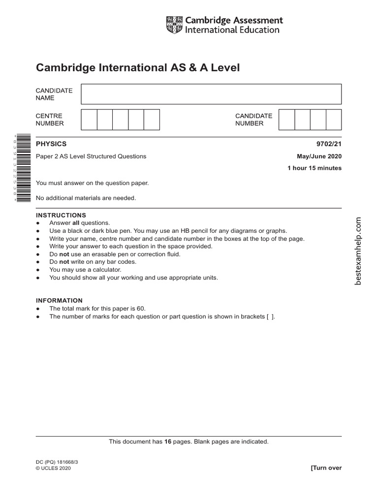 Cambridge International AS & A Level: Physics 9702/21 | PDF | Atoms ...