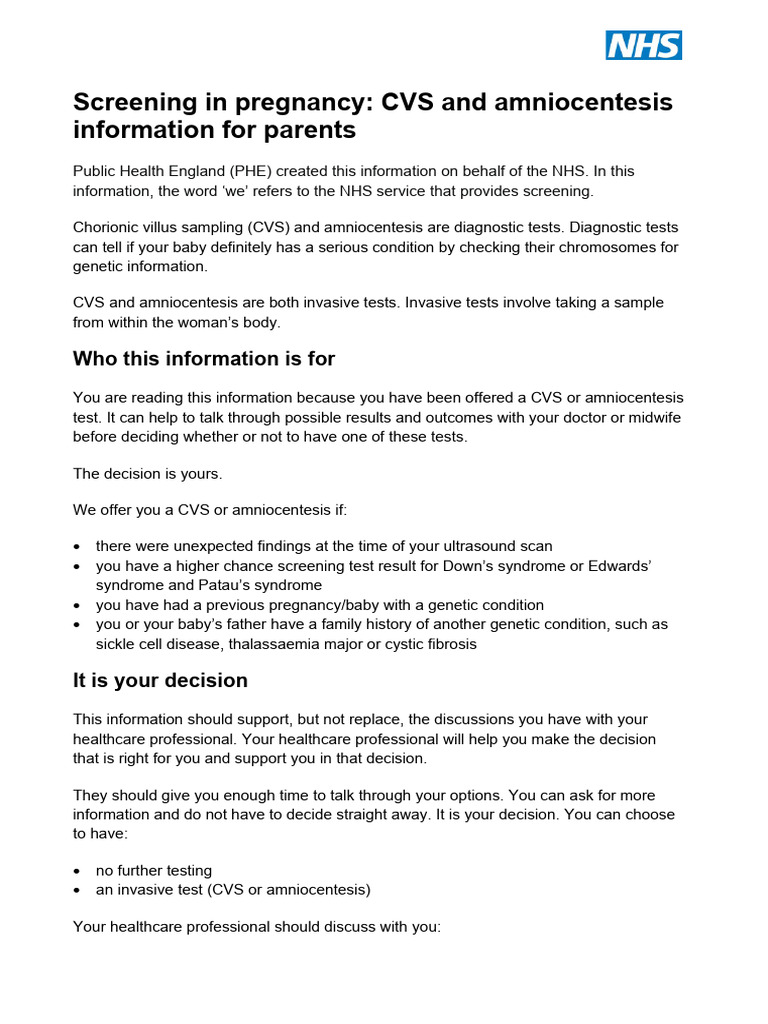 CVS and Amniocentesis Plain A4 PDF Version 1 | PDF | Miscarriage ...