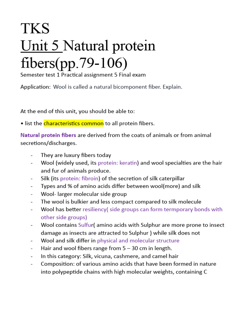 TKS Unit 5 Natural Protein Fibers (pp.79-106) : Wool Is Called A Natural Bicomponent Fiber ...