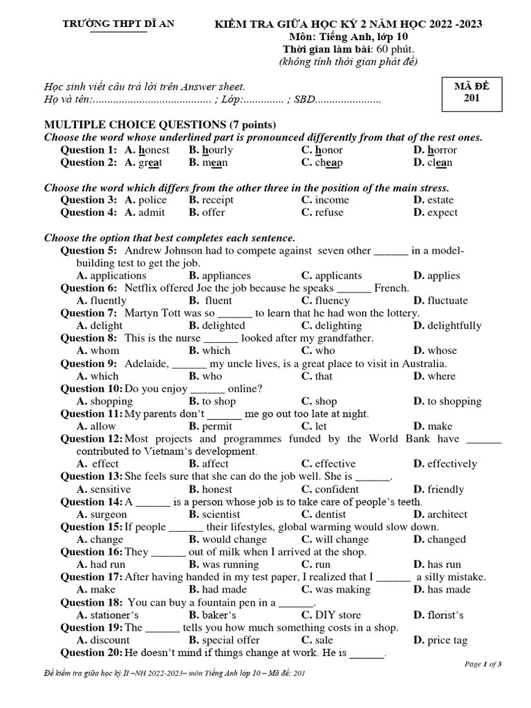 De Giua Hoc Ki 2 Tieng Anh 10 Nam 2022 2023 Truong THPT Di An Binh Duong | PDF | Clothing