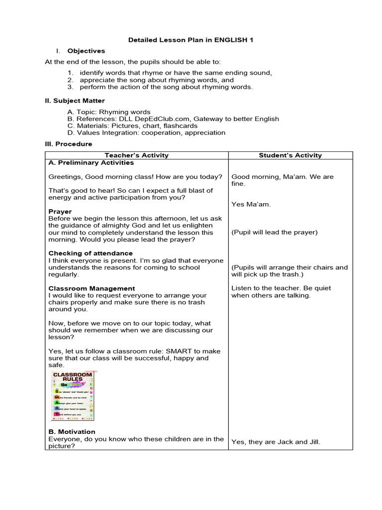 Detailed Lesson Plan in ENGLISH Rhymes | PDF | Lesson Plan | Behavior Modification