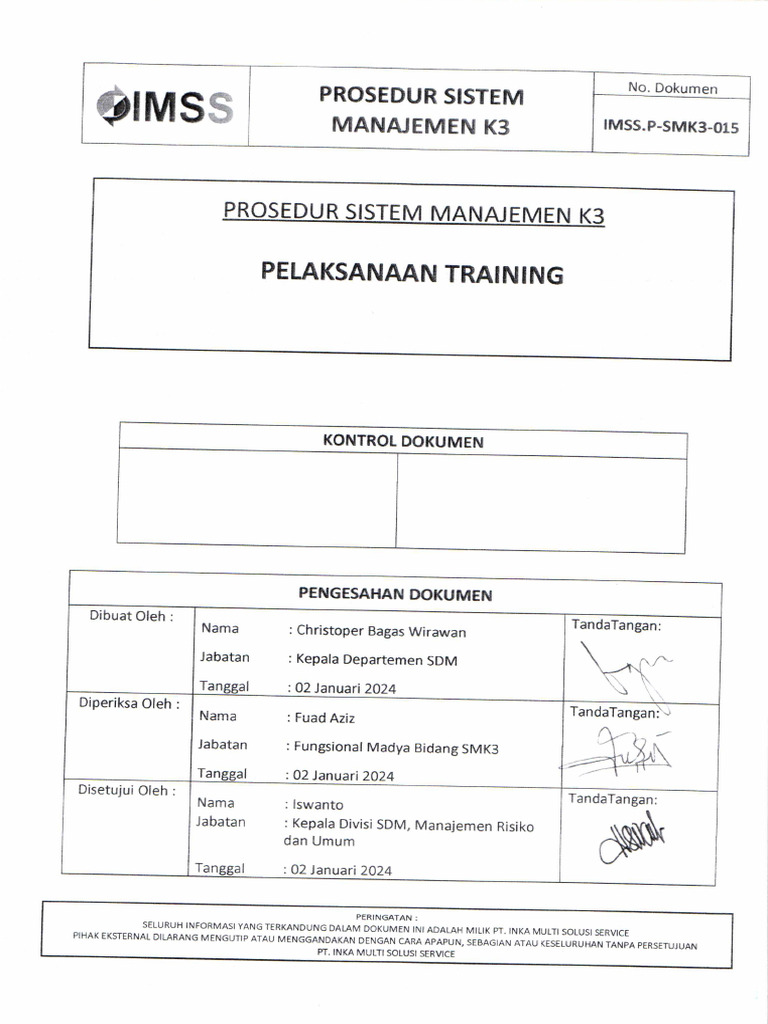 Prosedur Sistem Manajemen K3 - Pelaksanaan Training | PDF