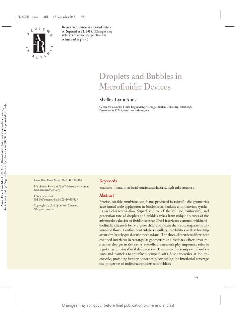 Droplets and Bubbles in Microfluidic Devices | PDF | Microfluidics | Surface Tension