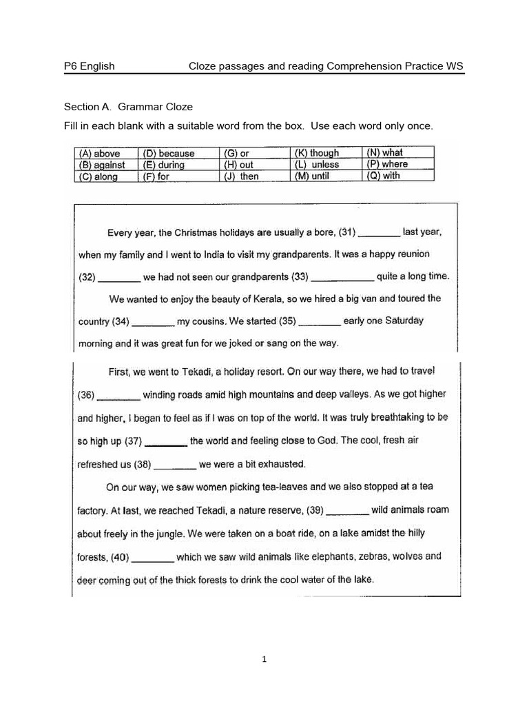 P6 English... Cloze Passages and Reading Comprehension Practice WS | PDF