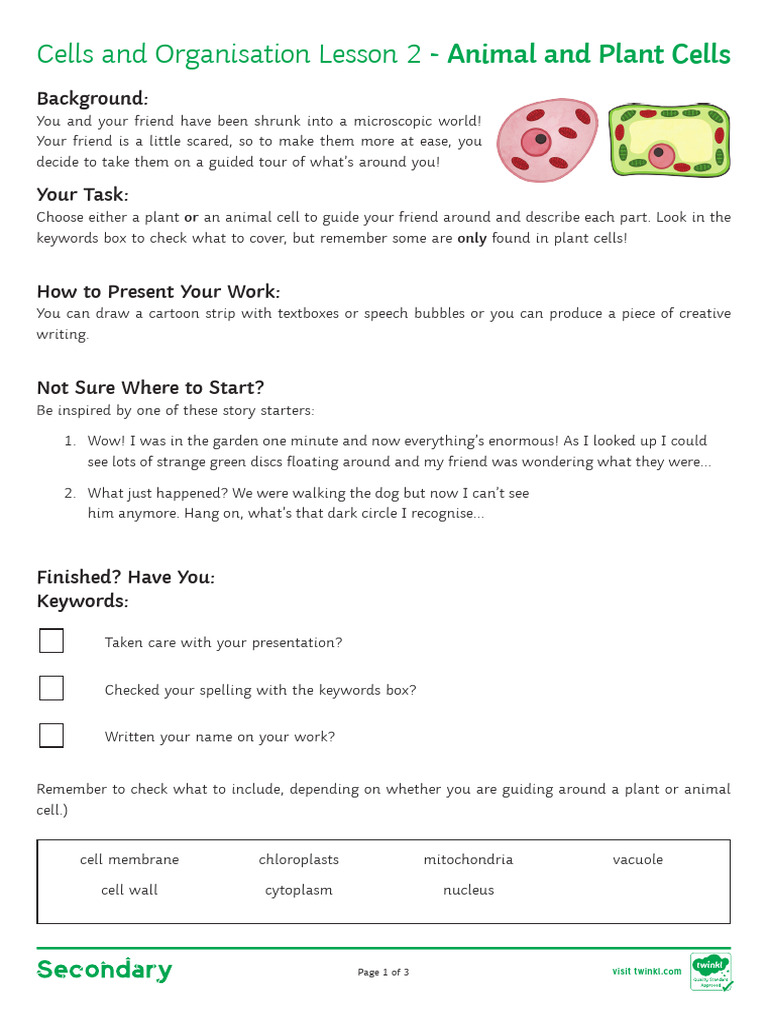 Cells and Organisation Lesson 2 - Animal and Plant Cells - Activity ...