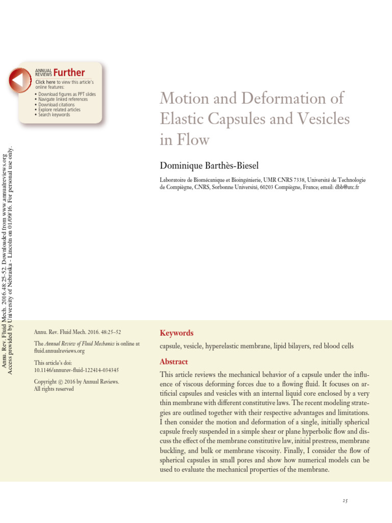 Motion and Deformation of Elastic Capsules and Vesicles in Flow | PDF | Lipid Bilayer | Fluid ...