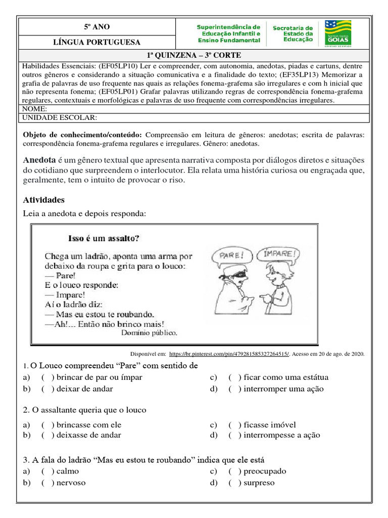 Aula 5 Lingua Portuguesa 5o Ano Revisao Atividades para Imprimir | PDF ...