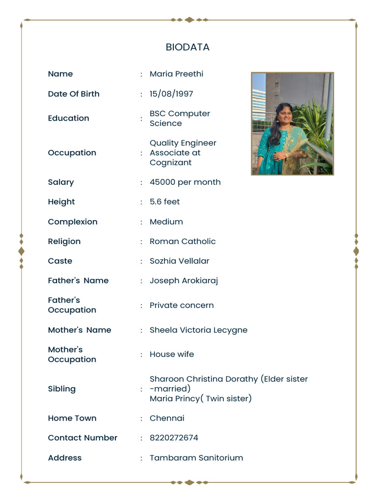 Maria Preethi - Biodata | PDF