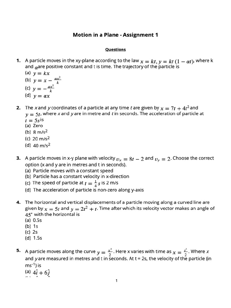 Motion in a Plane Assignment 1 | PDF