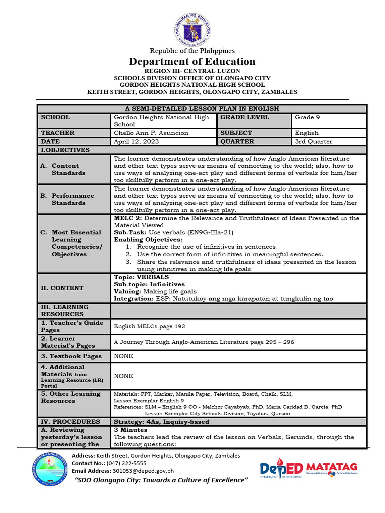 Grade 9 English Lesson Plan: Infinitives | PDF | Adverb | Adjective