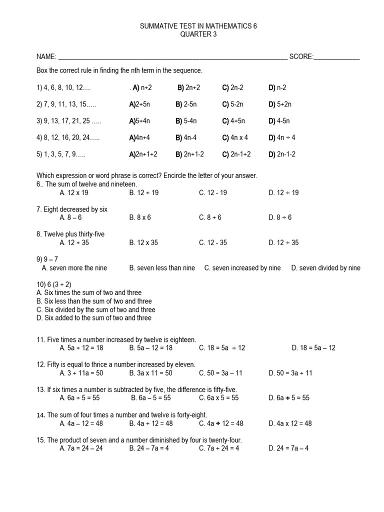 Summative Test in Mathematics 6 2 | PDF | Teaching Methods & Materials