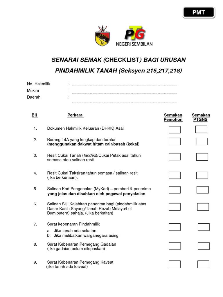 PMT - Senarai Semak (Checklist) Bagi Urusan Pindahmilik Tanah | PDF