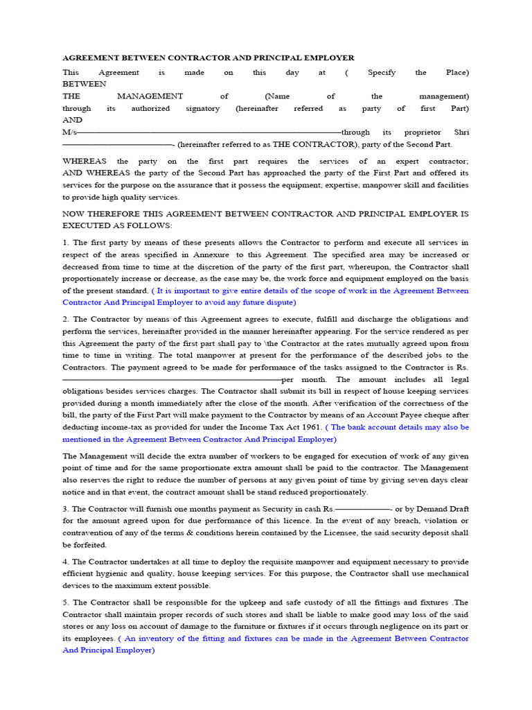 Agreement Between Contractor and Principal Employer | PDF | Employment ...