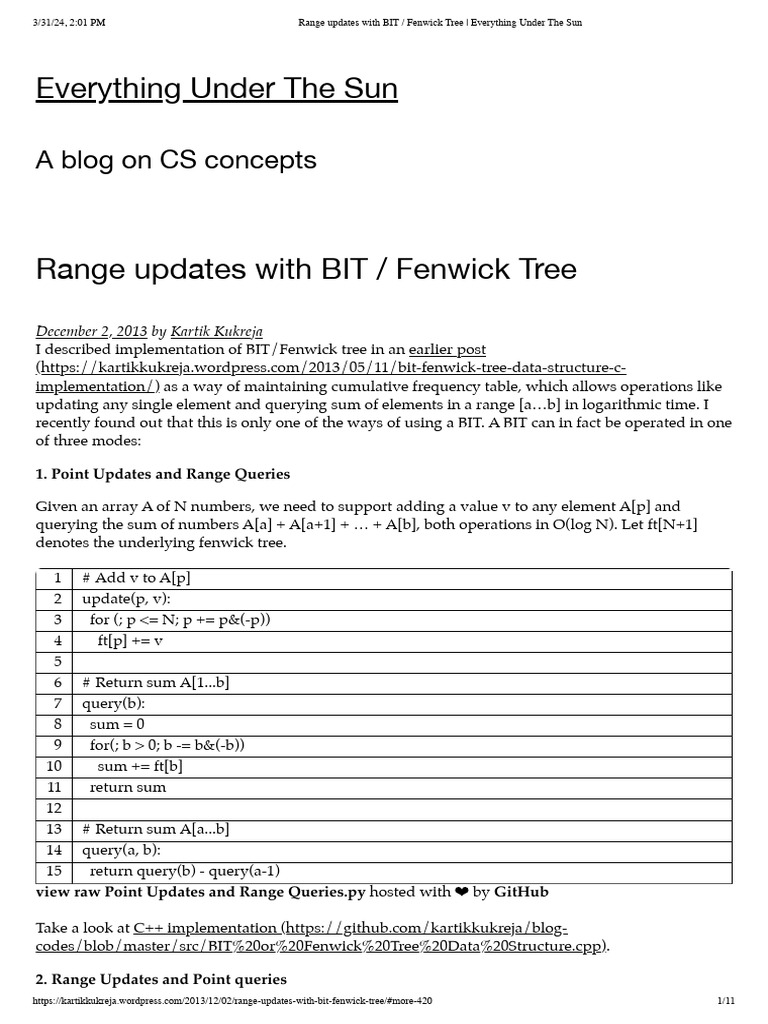 Range Updates With BIT - Fenwick Tree - Everything Under The Sun | PDF ... Range Updates With BIT - Fenwick Tree - Everything Under The Sun | PDF ...