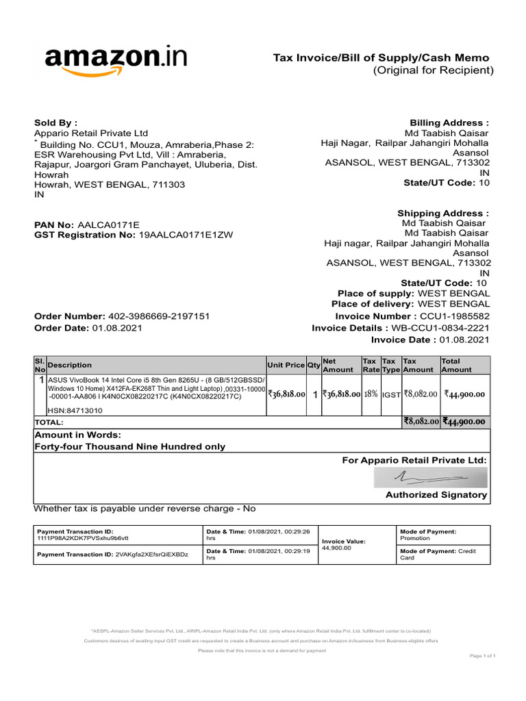 Amazon Asus Bill | PDF | Invoice | Payments