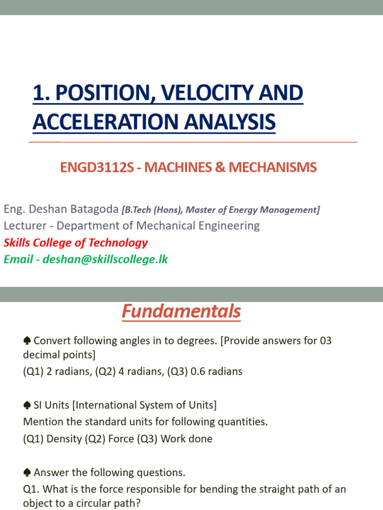 Position, Velocity, and Acceleration Analysis | PDF | Acceleration | Velocity