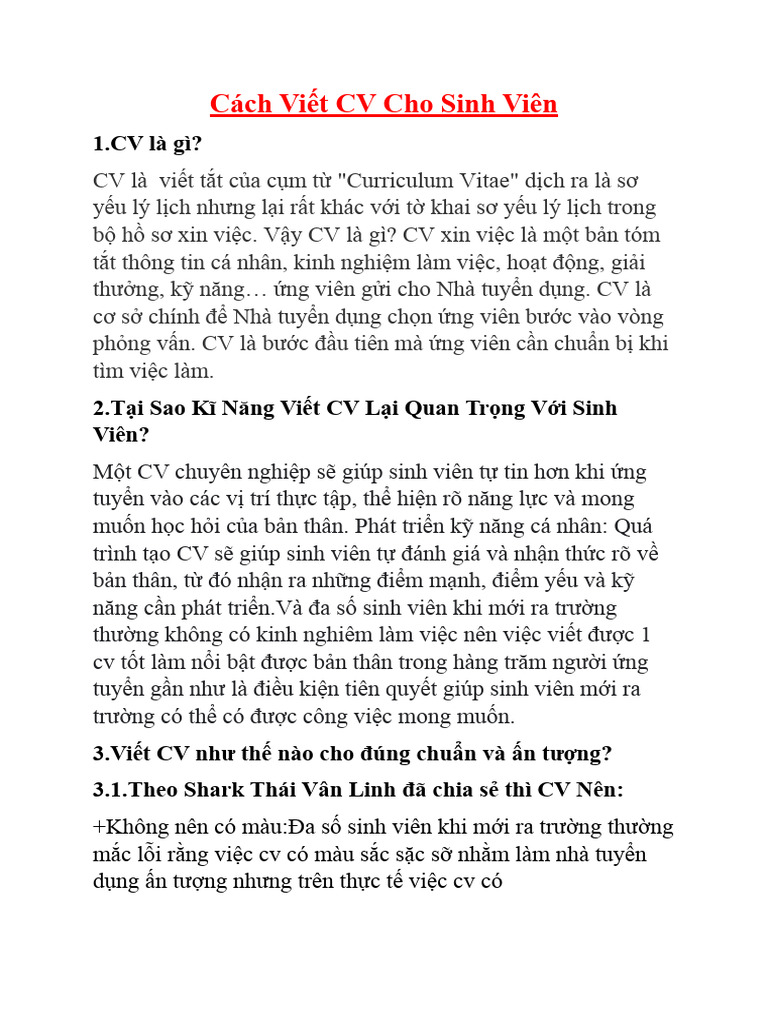Cách Viết CV Cho Sinh Viên toms tatws | PDF