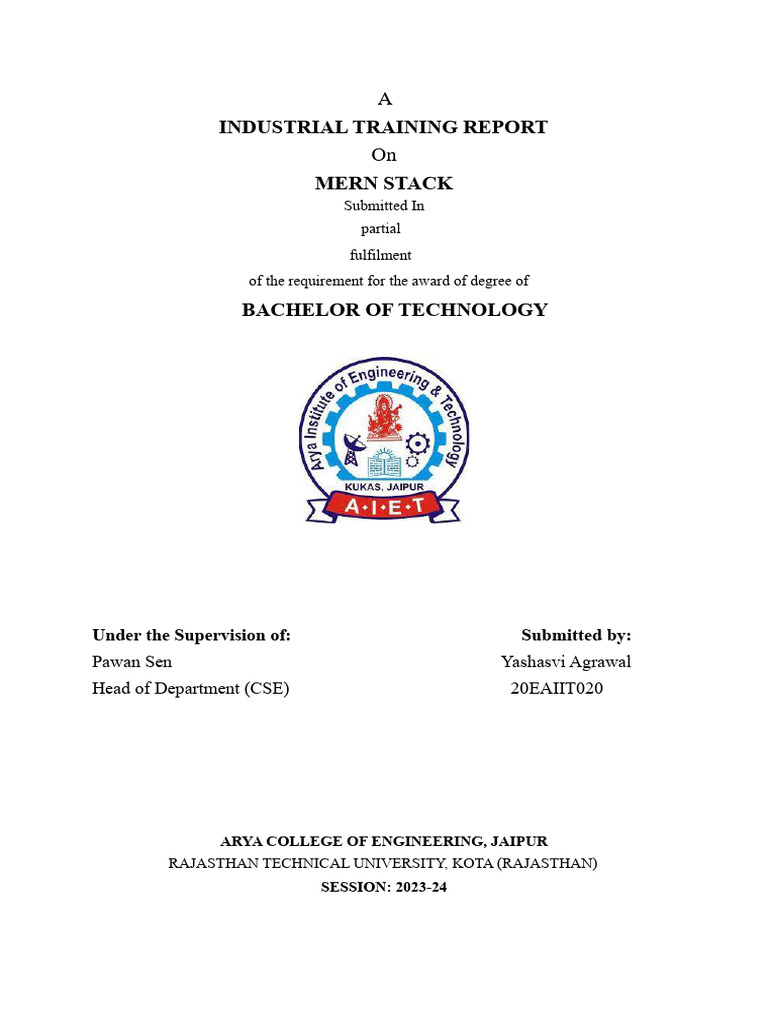 Industrial Training Report Mern Stack: Submitted in Partial Fulfilment of The Requirement For ...
