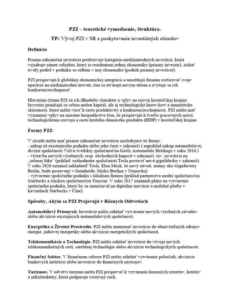 PZI - Teoretické Vymedzenie, Štruktúra. TP: Vývoj PZI V SR A ...