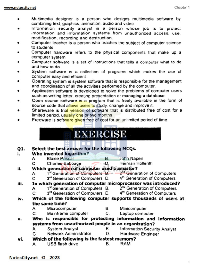 Computer Class 9th Chap 1 Exercise-1 | PDF Computer Class 9th Chap 1 Exercise-1 | PDF