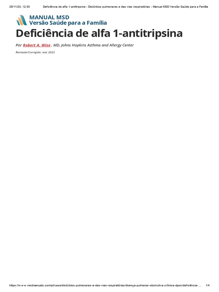 Deficiência de Alfa 1-Antitripsina - Distúrbios Pulmonares e Das Vias Respiratórias - Manual MSD ...