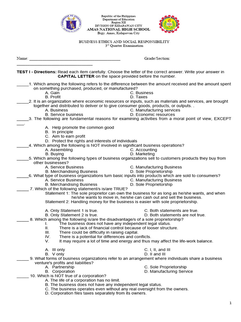ETHICS-3rd Quarter Exam Questionnaire | PDF | Business | Sole ...