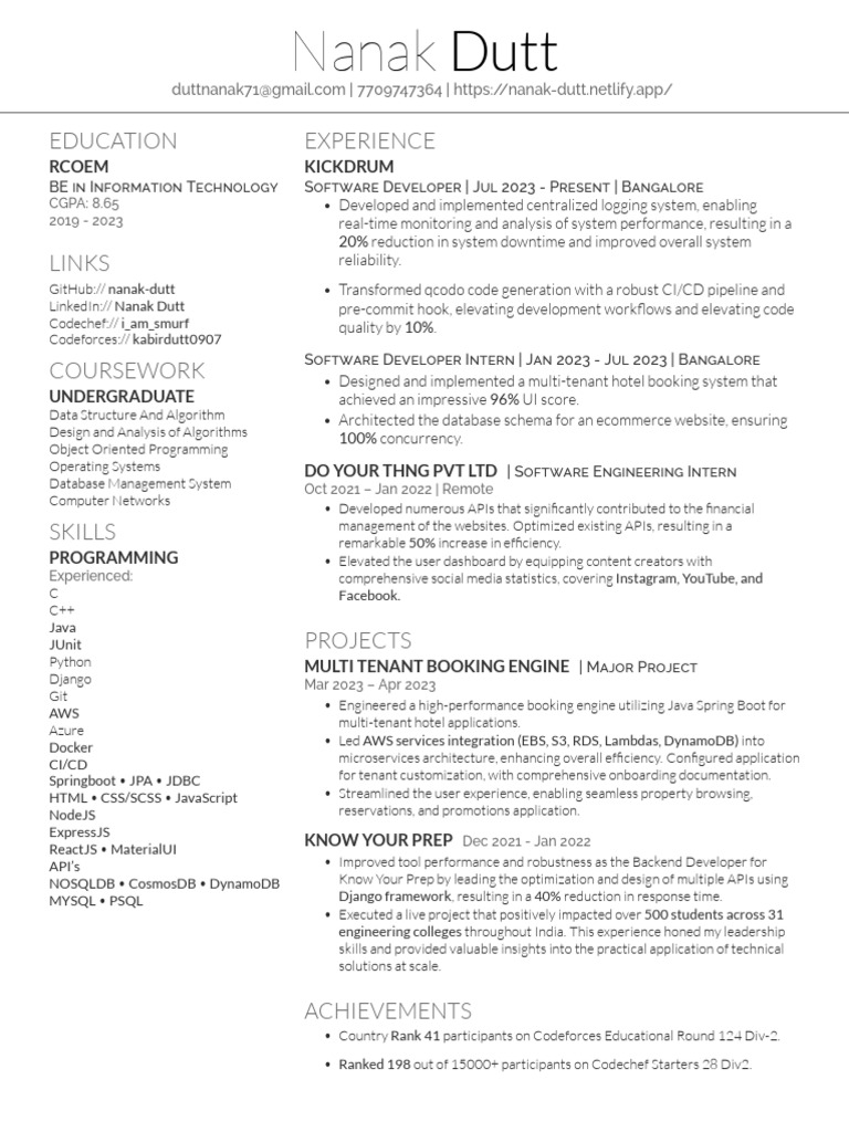 Nanak Dutt Resume Atlassian 1 | PDF | Databases | Amazon Web Services