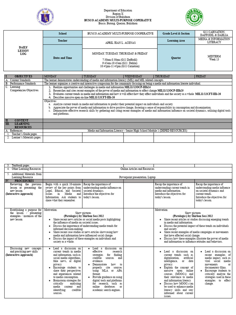 Mil Week 13 DLL - 093933 | PDF | Social Media | Popular Culture & Media Studies