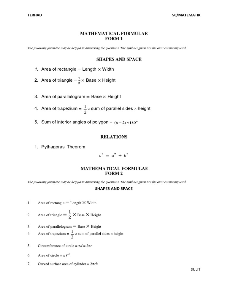MATHEMATICAL FORMULAE | PDF | Area | Length