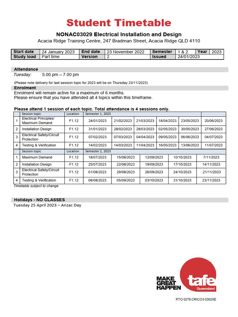 Timetable AR NONAC03029 V2 (Semester 2) | PDF | Apprenticeship ...