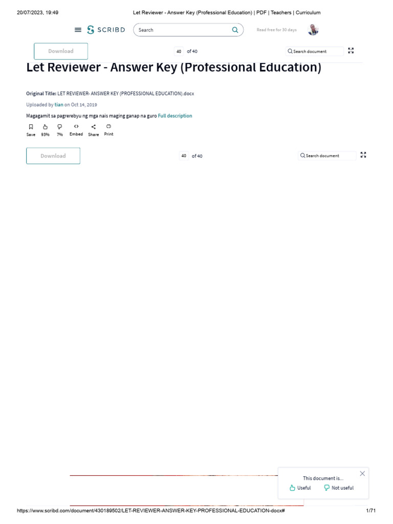 Let Reviewer - Answer Key (Professional Education) - PDF - Teachers ...