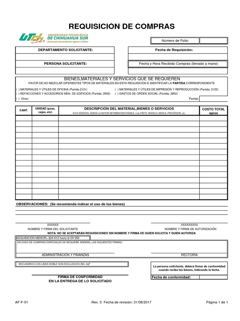 AF-F-01 Requisición de Compras FRACCION XXXII | PDF